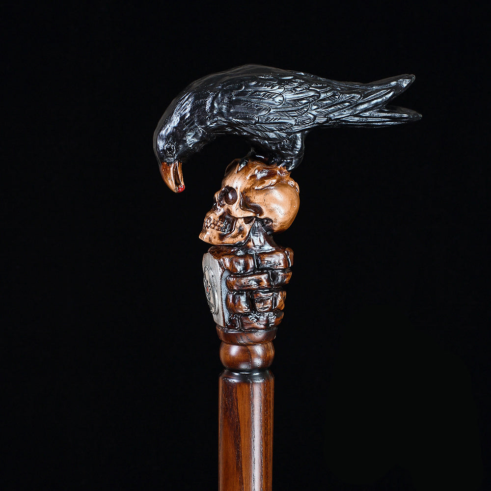 Intricate Handcarved Black Crow & Skull Artisan Cane - Unique