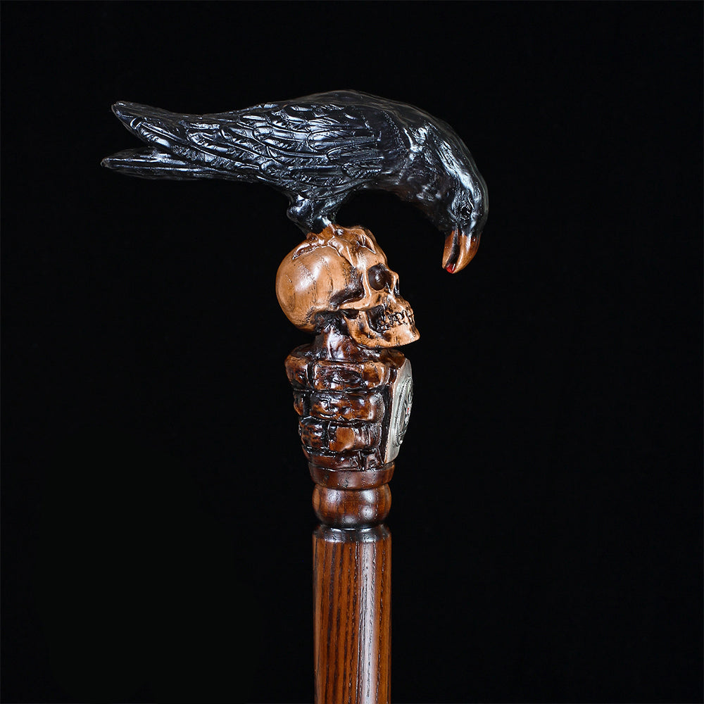 Intricate Handcarved Black Crow & Skull Artisan Cane - Unique