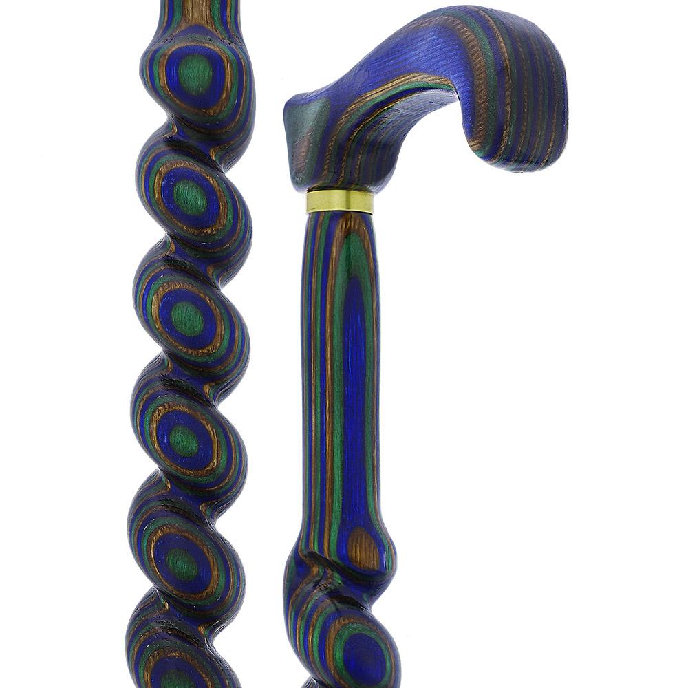 USA-Made Twisted Spiral Cane: Blue Green & Brown Laminate