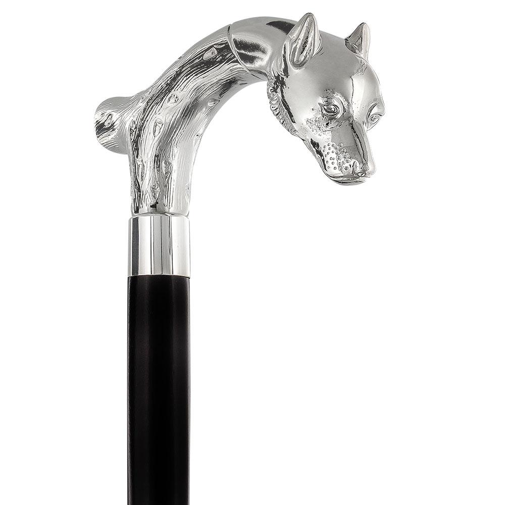 Unwavering Fierce Wolf Nickel Plated Fritz Handle Cane w/ Black