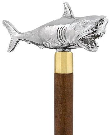 Great White Shark Nickel Plated Handle Cane w/ Custom Shaft & Collar