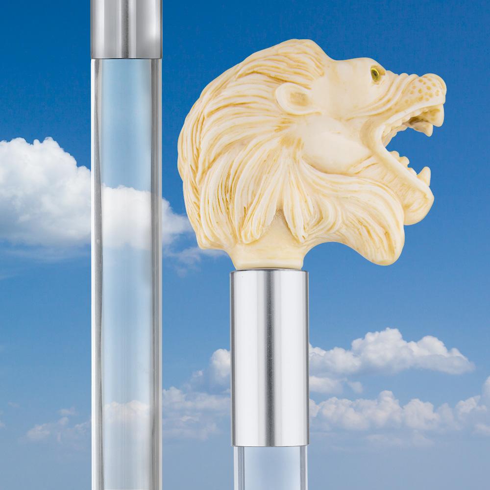 Faux Ivory Roaring Lion Knob Handle Walking Cane w/ Lucite Shaft