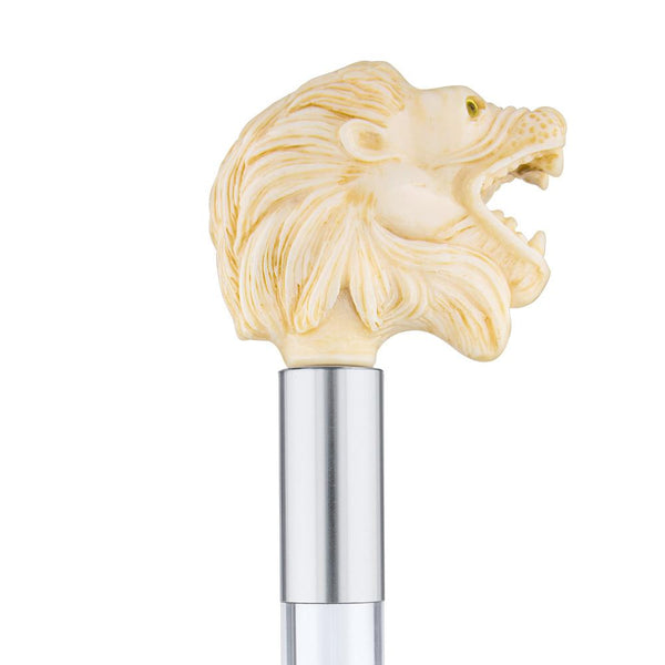 Faux Ivory Roaring Lion Knob Handle Walking Cane w/ Lucite Shaft