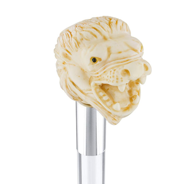 Faux Ivory Roaring Lion Knob Handle Walking Cane w/ Lucite Shaft