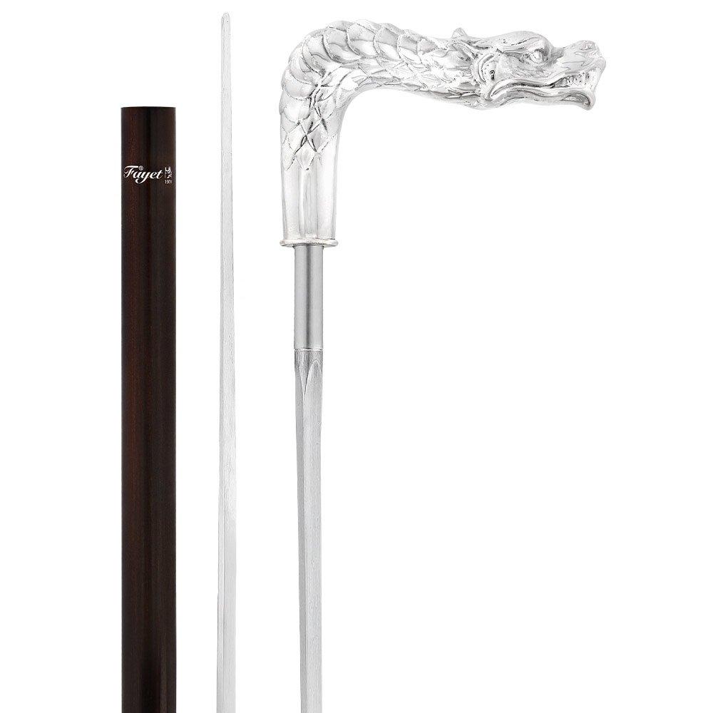 French Dragon Sword Cane: Silver Plated Fritz, Stamina Wood