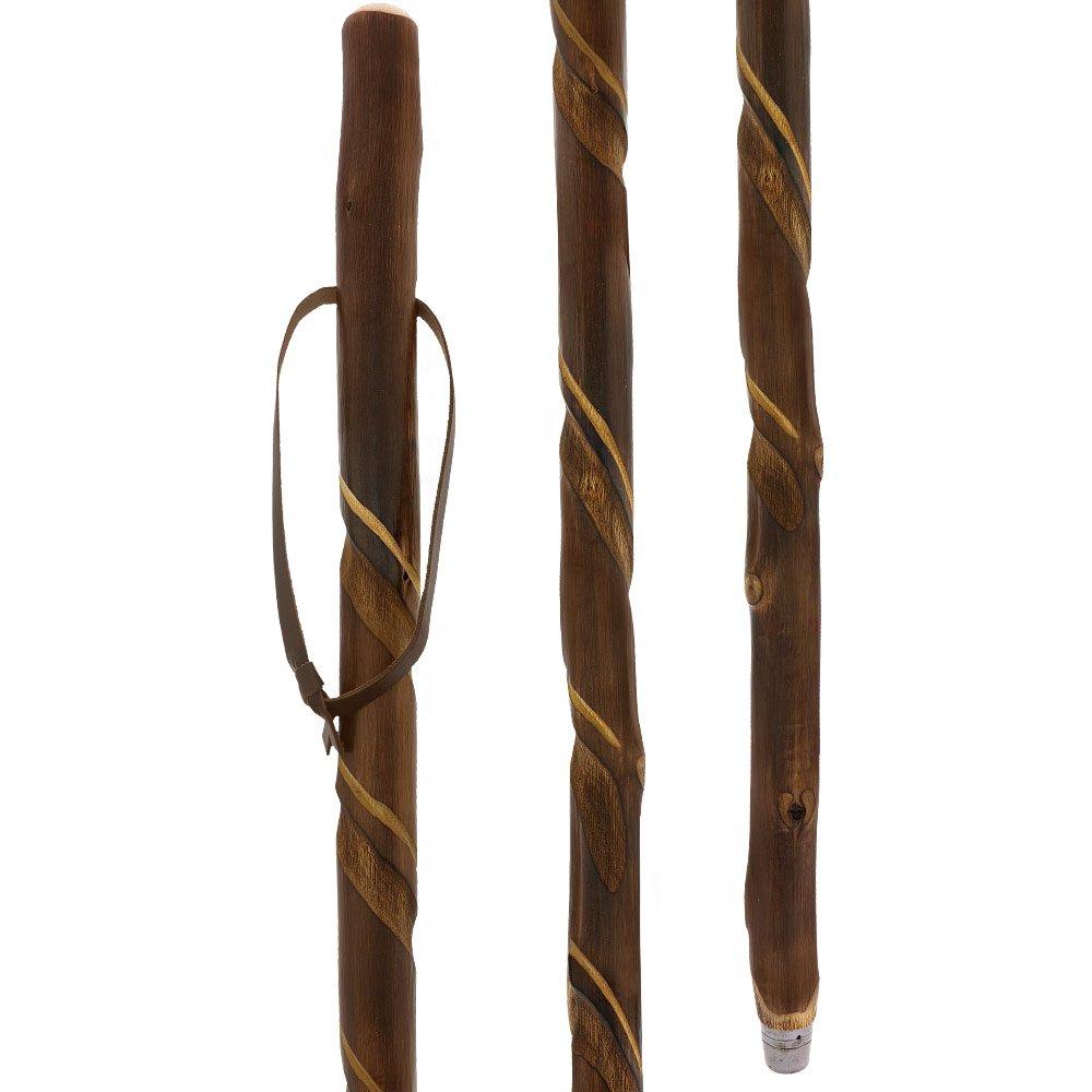 Chestnut-Ebony Carved Spiral Staff: Leather Strap, Combi Tip