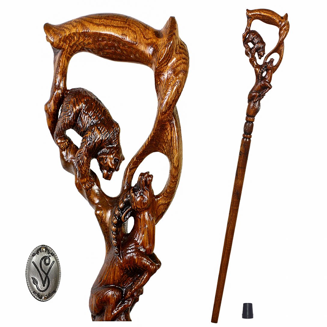 Bear & Gazelle: Artisan Intricate Detail Hand-Carved Cane