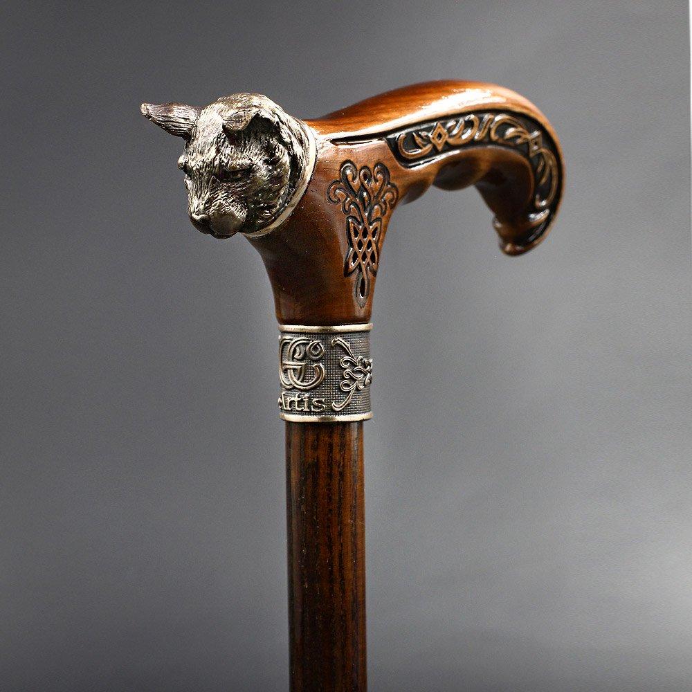 Mystical Cat with Bronze Head: Handcarved Cane with Collar