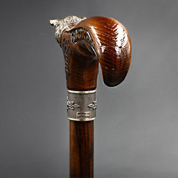 Mystical Cat with Bronze Head: Handcarved Cane with Collar