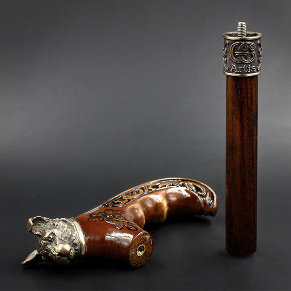 Mystical Cat with Bronze Head: Handcarved Cane with Collar
