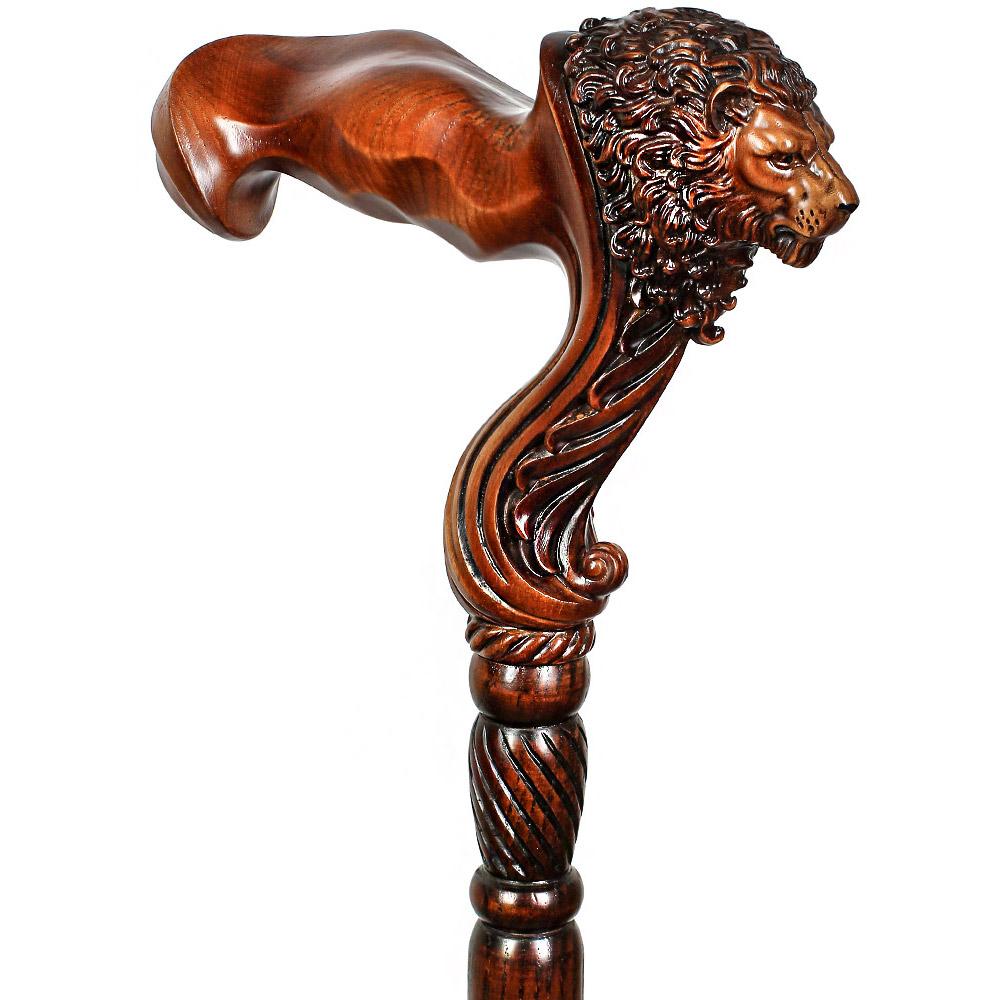 Lion Head: Artisan Intricate Handcarved Wood Cane (Right Hand)