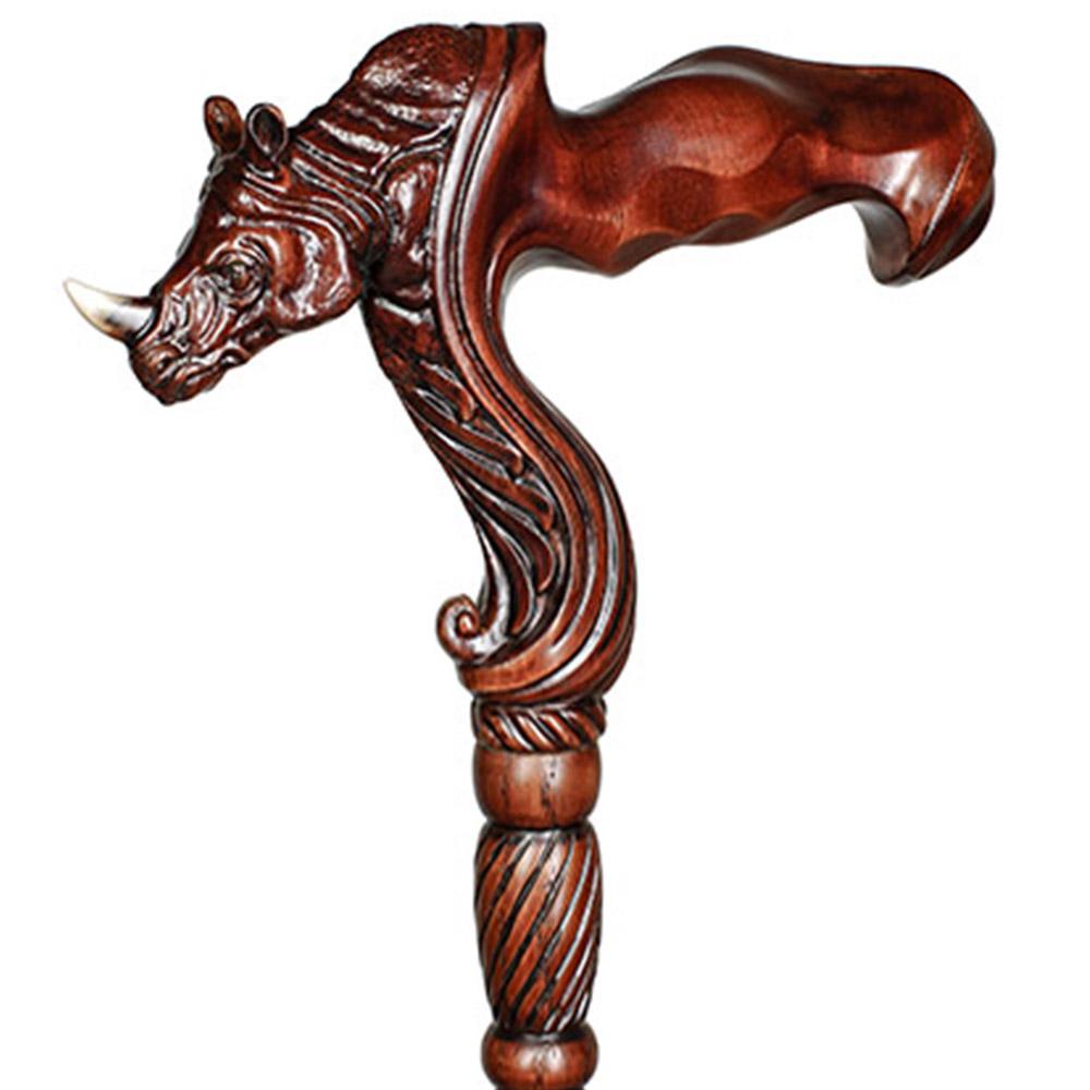 Rhino: Artisan Intricate Handcarved Wood Cane (Right Hand)