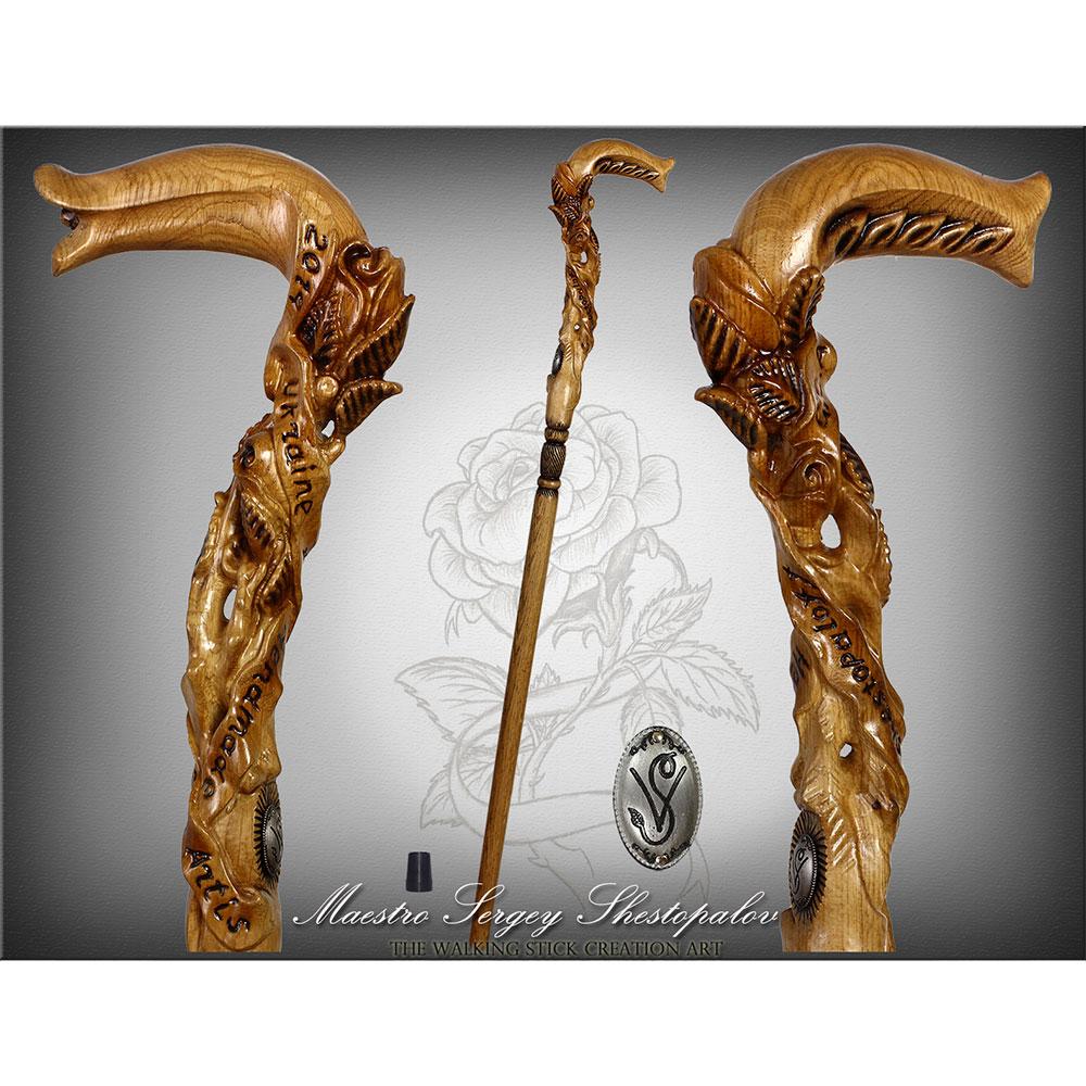 Rose Under the Tree: Artisan Intricate Hand-Carved Cane