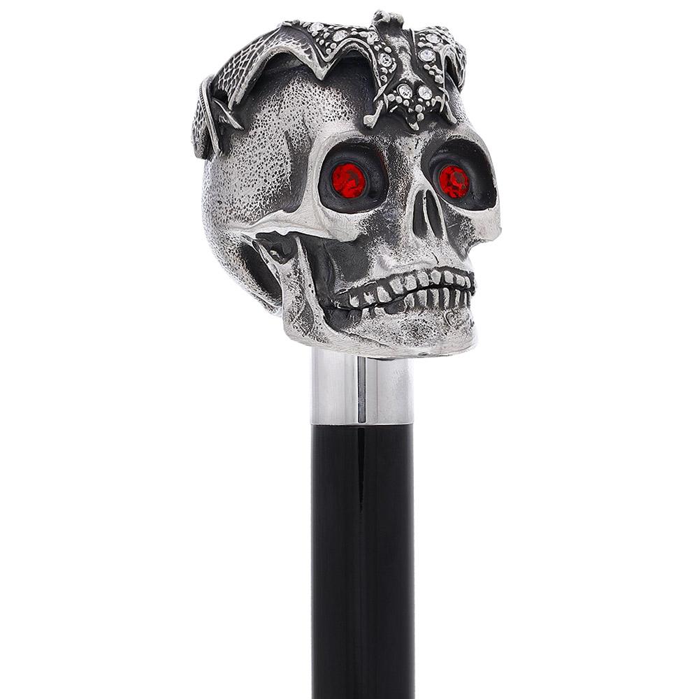 Silver 925r Ruby Red Skull and Bats Walking Cane w/ Black Beechwood