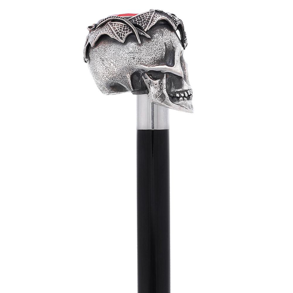 Silver 925r Ruby Red Skull and Bats Walking Cane w/ Black Beechwood
