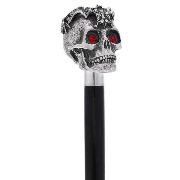 Silver 925r Ruby Red Skull and Bats Walking Cane w/ Black Beechwood