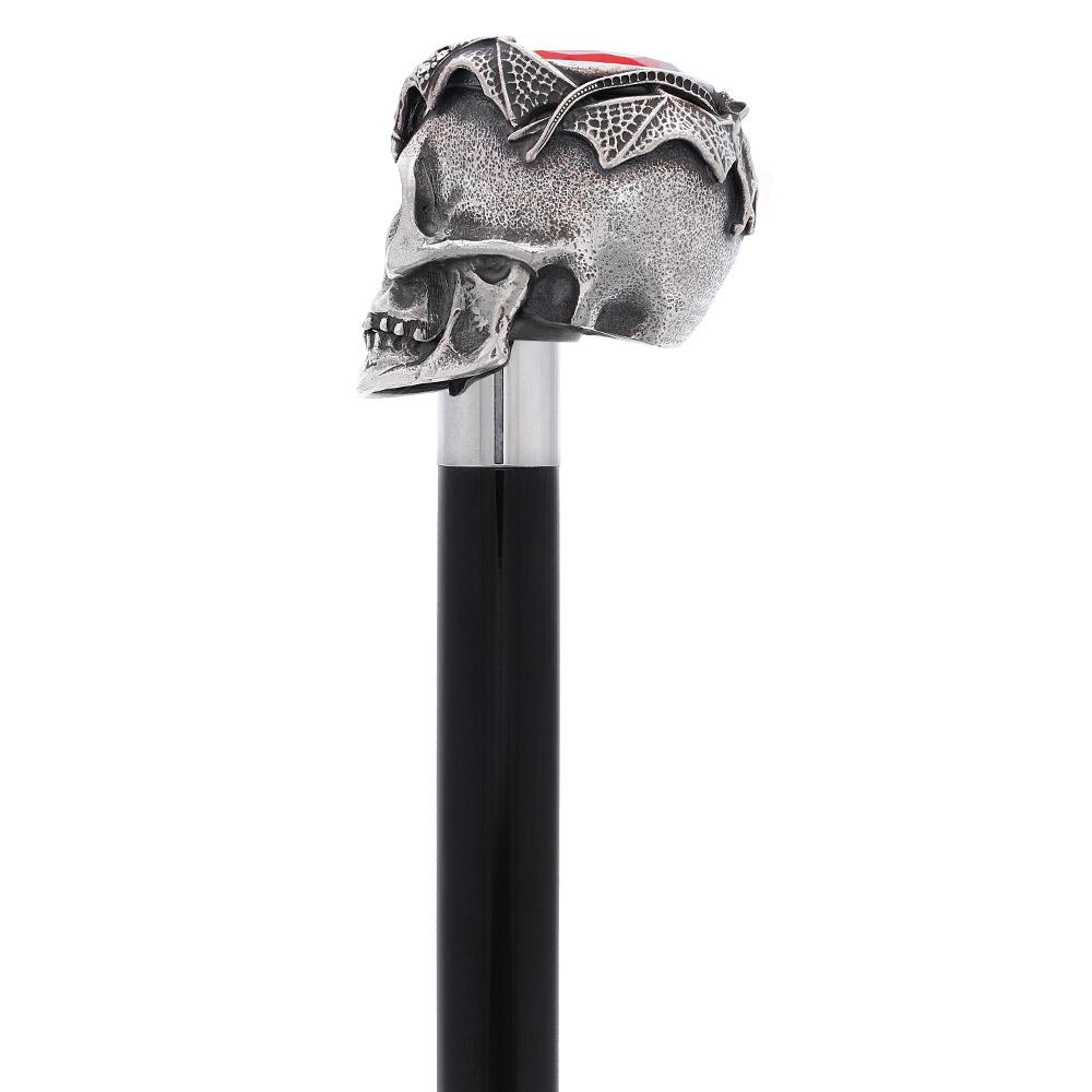 Enchanting Silver 925r Ruby Red Skull and Bats Walking Cane w/ Black Shaft