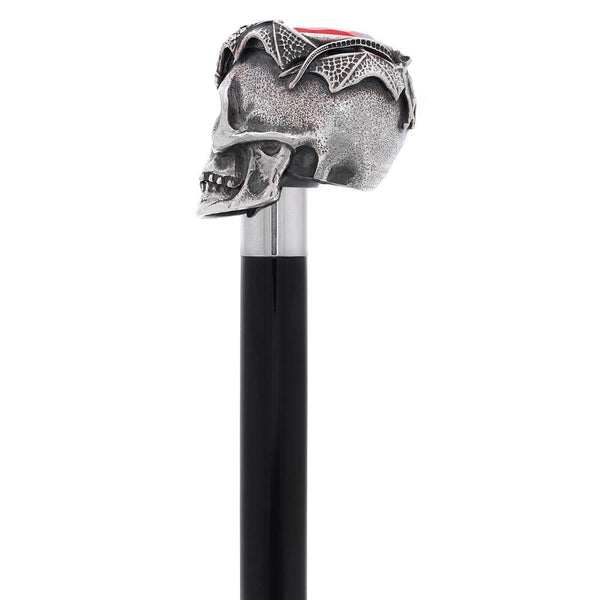 Silver 925r Ruby Red Skull and Bats Walking Cane w/ Black Beechwood