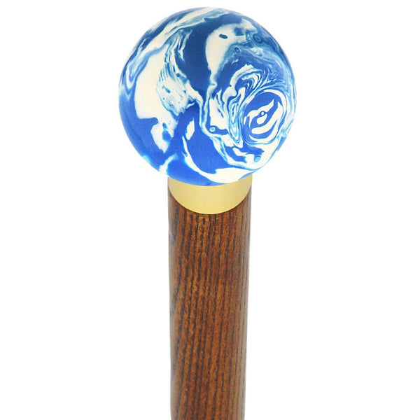 Blue & White Cream Swirl Round Knob Cane w/ Custom Wood Shaft