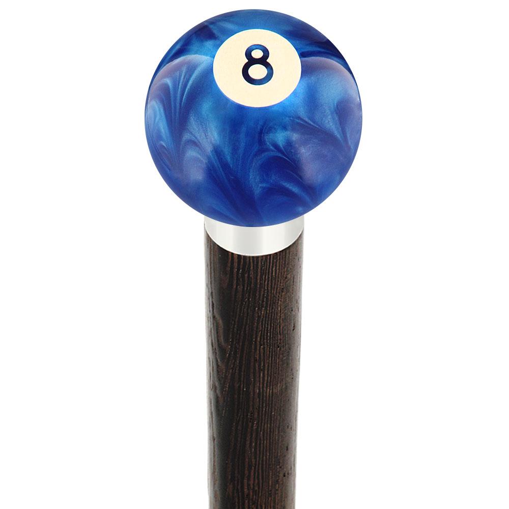 8 Ball Blue Pearl Round Knob Cane w/ Custom Wood Shaft & Collar