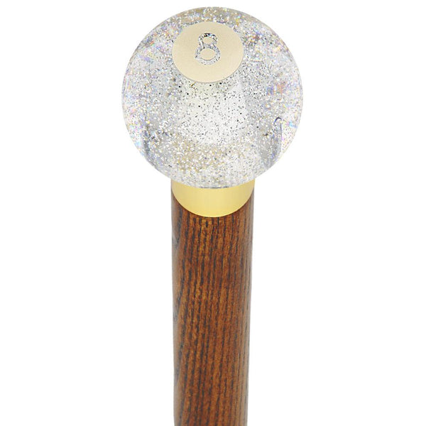 8 Ball Clear Sparkle Round Knob Cane w/ Custom Wood Shaft & Collar