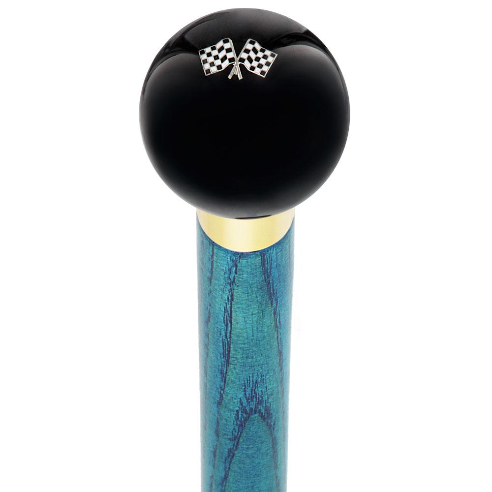 Checkered Racing Flags Black Round Knob Cane w/ Custom Color Ash