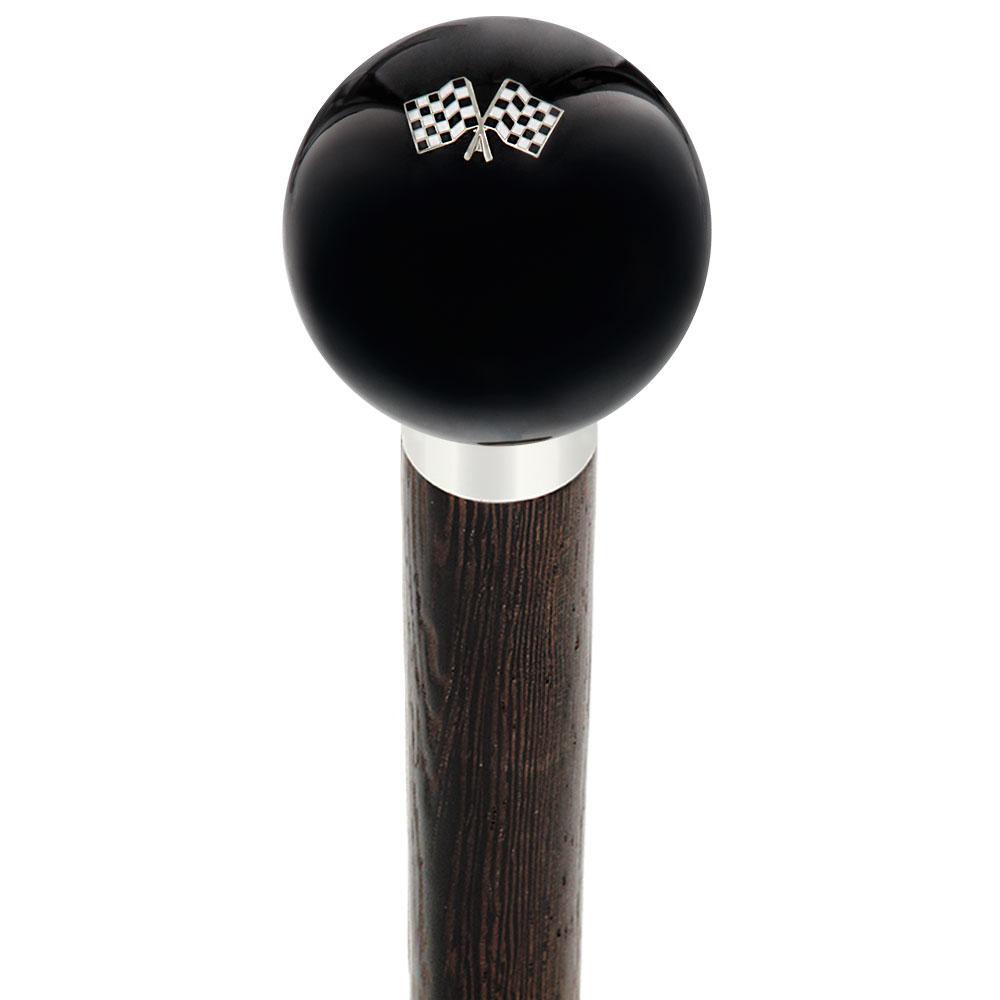 Checkered Racing Flags Black Round Knob Cane w/ Custom Wood Shaft