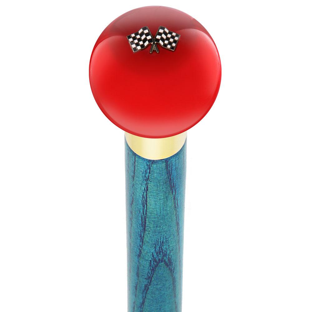 Checkered Racing Flags Red Round Knob Cane w/ Custom Color Ash Shaft