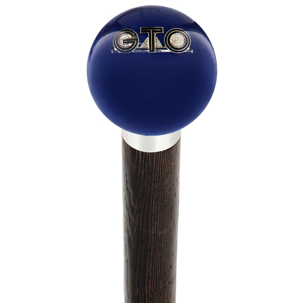 GTO Car Emblem Dark Blue Round Knob Cane w/ Custom Wood Shaft