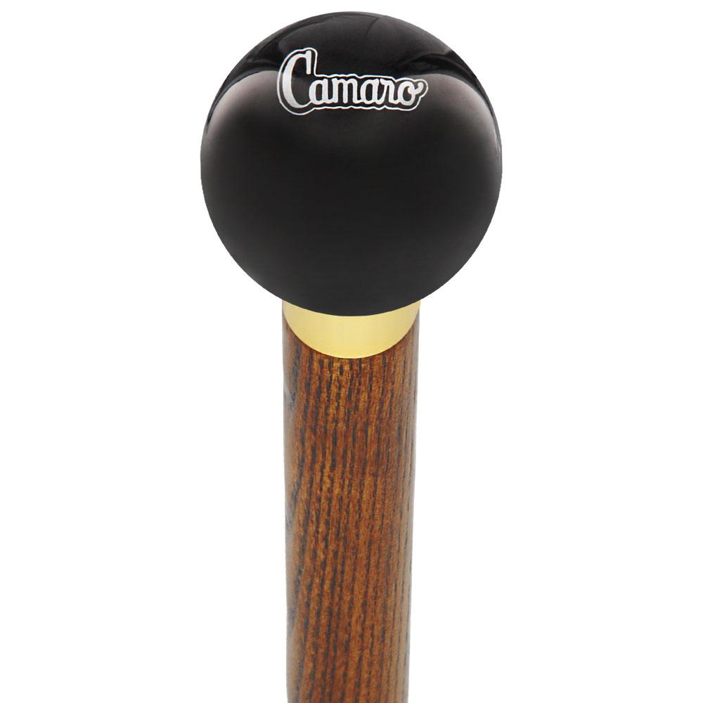 Licensed Camaro Emblem Black Round Knob Cane w/ Custom Color Ash