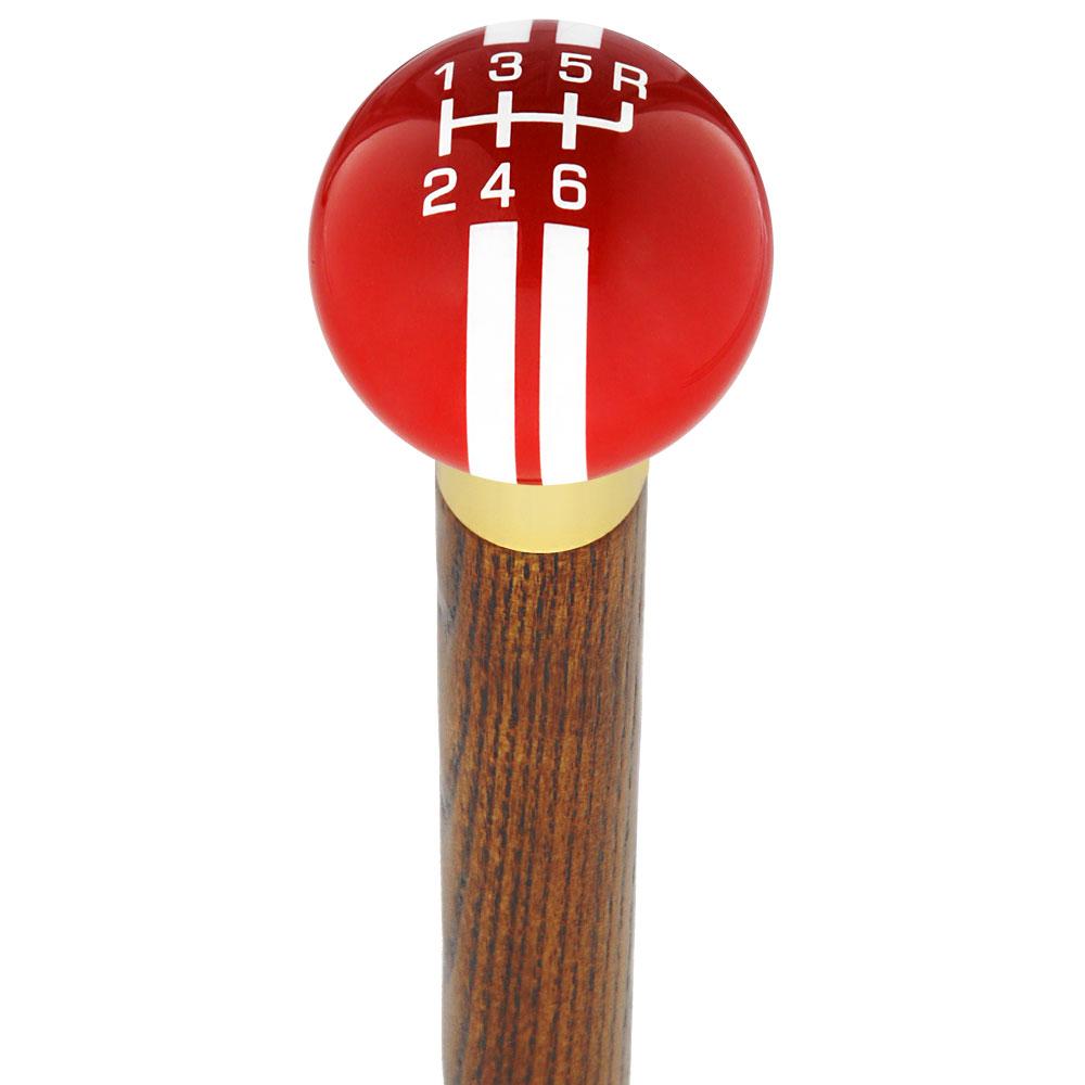 Red & White Rally Shift Round Knob Cane w/ Custom Color Ash Shaft