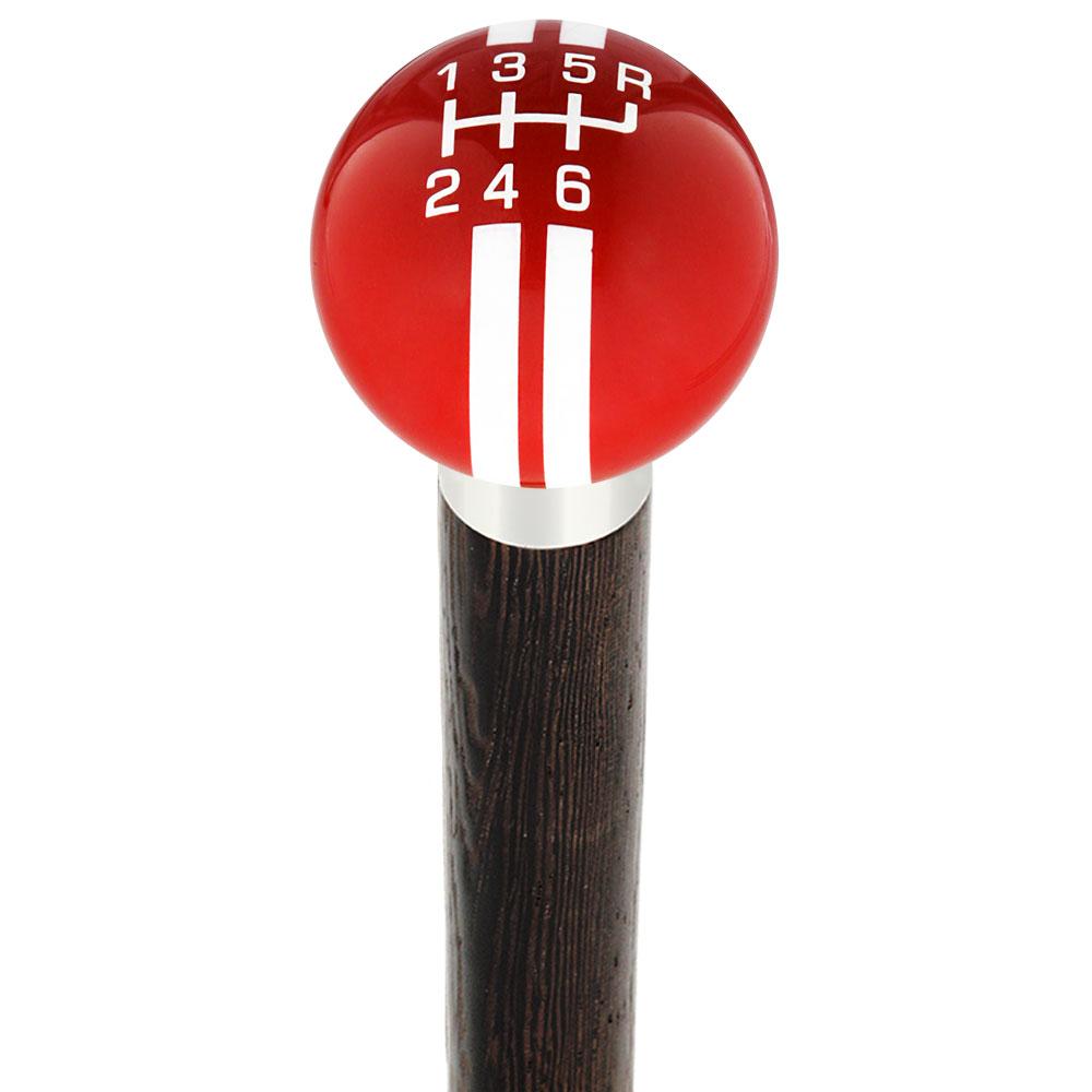 Red & White Rally Shift Round Knob Cane w/ Custom Wood Shaft & Collar