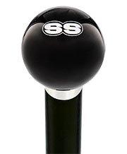 SS Car Emblem Black Round Knob Cane w/ Custom Wood Shaft & Collar