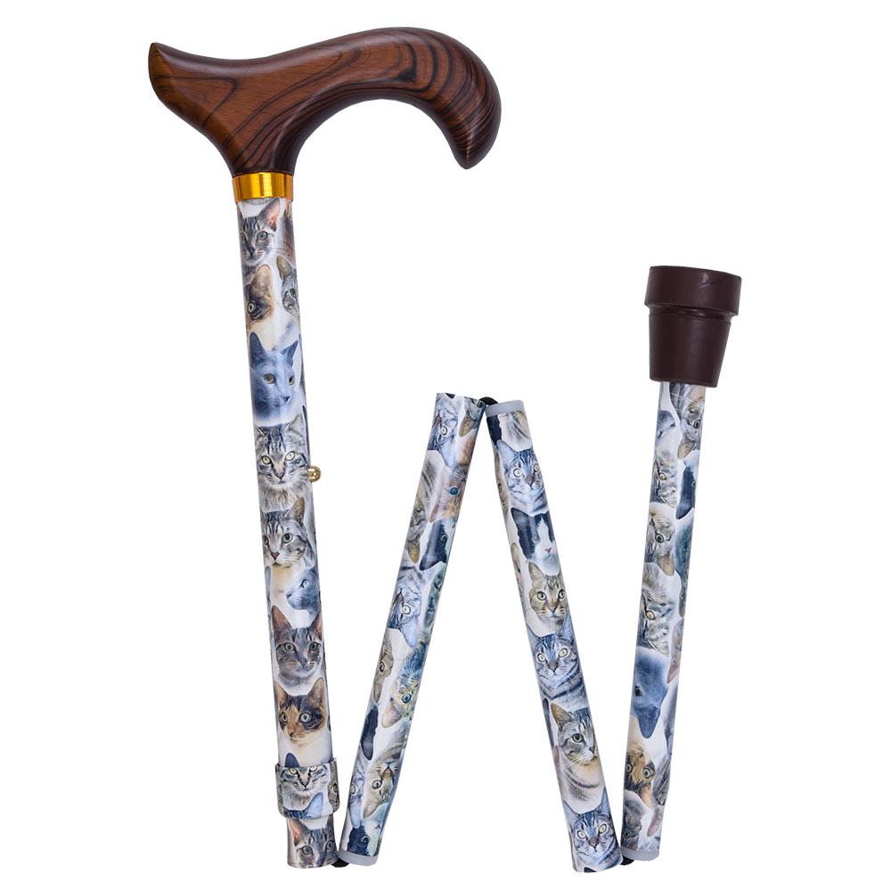 Cat Lovers: Designer Folding Adjustable Cane w/ Wooden Handle