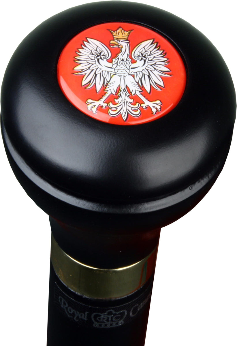 Polish Eagle Emblem Flask Walking Stick: Wood Shaft Hidden Flask