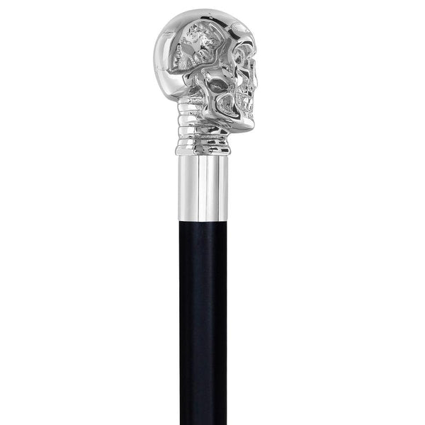 Skull Premium Chrome Brass Flask Cane: Wood Shaft Hidden Flask