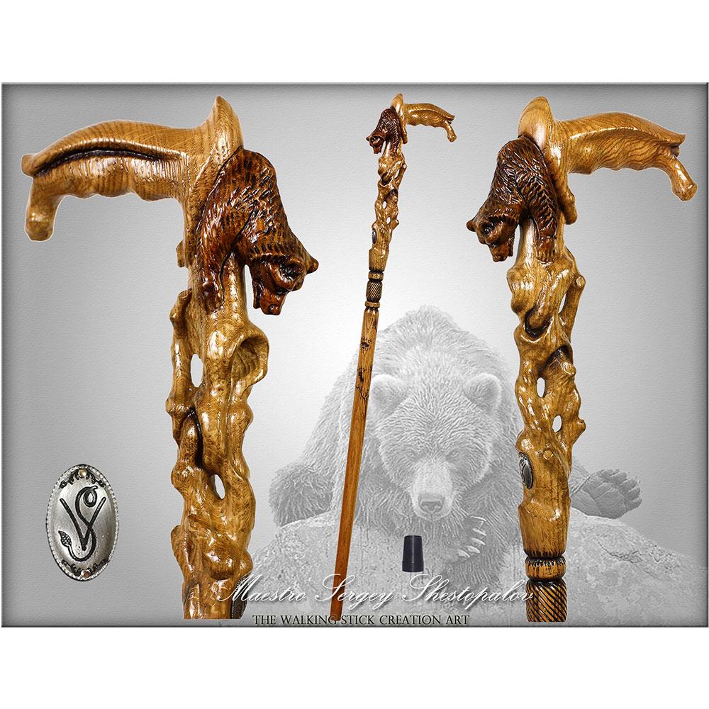 Handcarved Bear Head Cane: Artisan Detail, Awakening Design