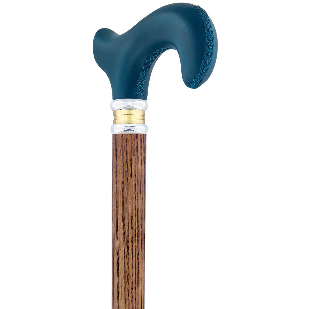 Chic Blue Leather Derby Cane with Espresso Ash Shaft & Collar