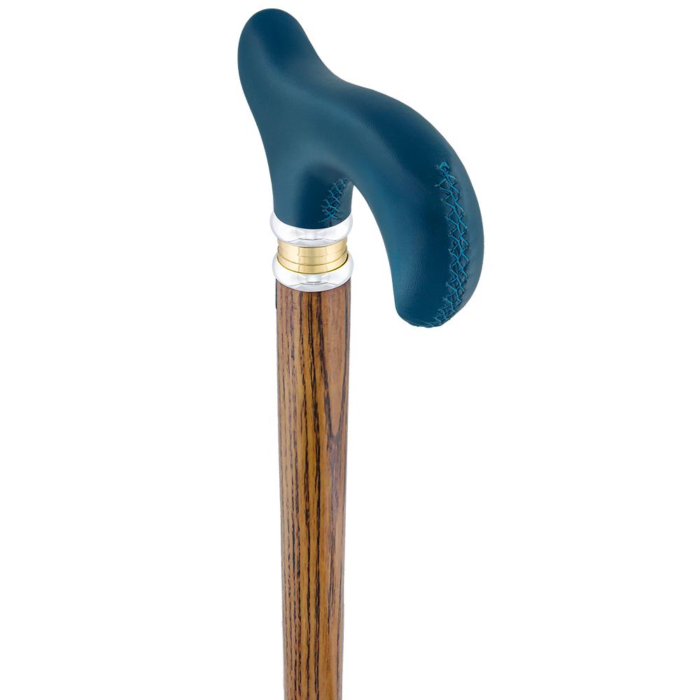 Chic Blue Leather Derby Cane with Espresso Ash Shaft & Collar