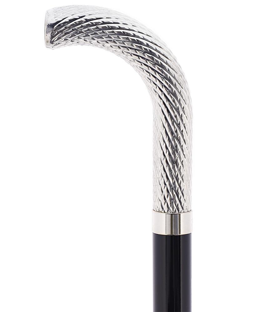 Italian Luxury: Short Crook Walking Stick, In 925r Silver
