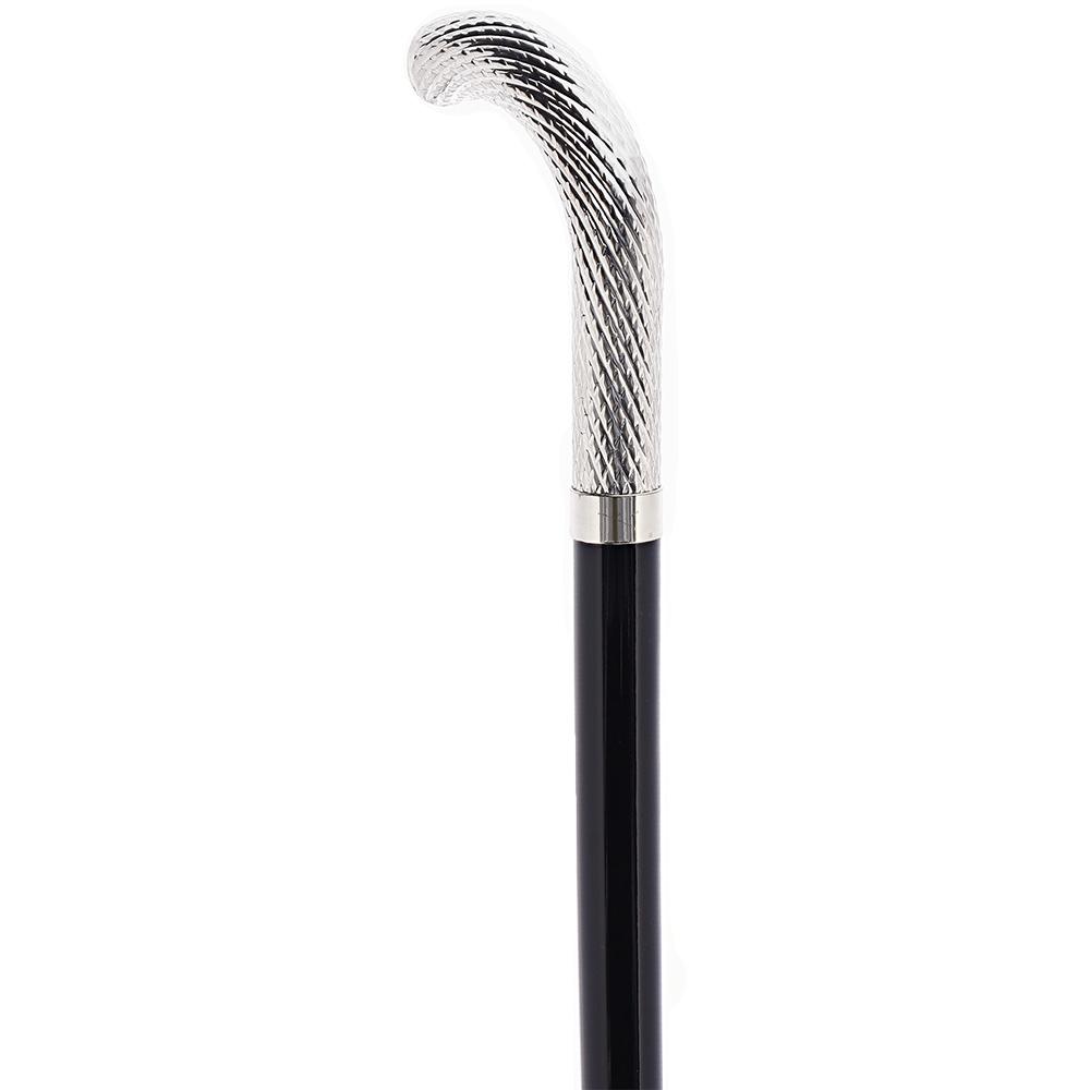 Italian Luxury: Short Crook Walking Stick, In 925r Silver