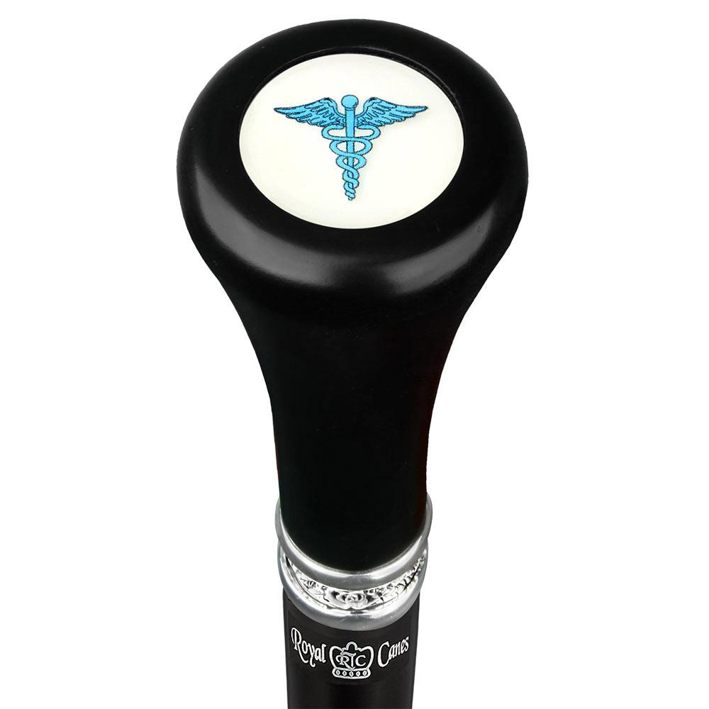 Medical Doctor Caduceus Flat Top Stick: Beechwood Shaft Pewter