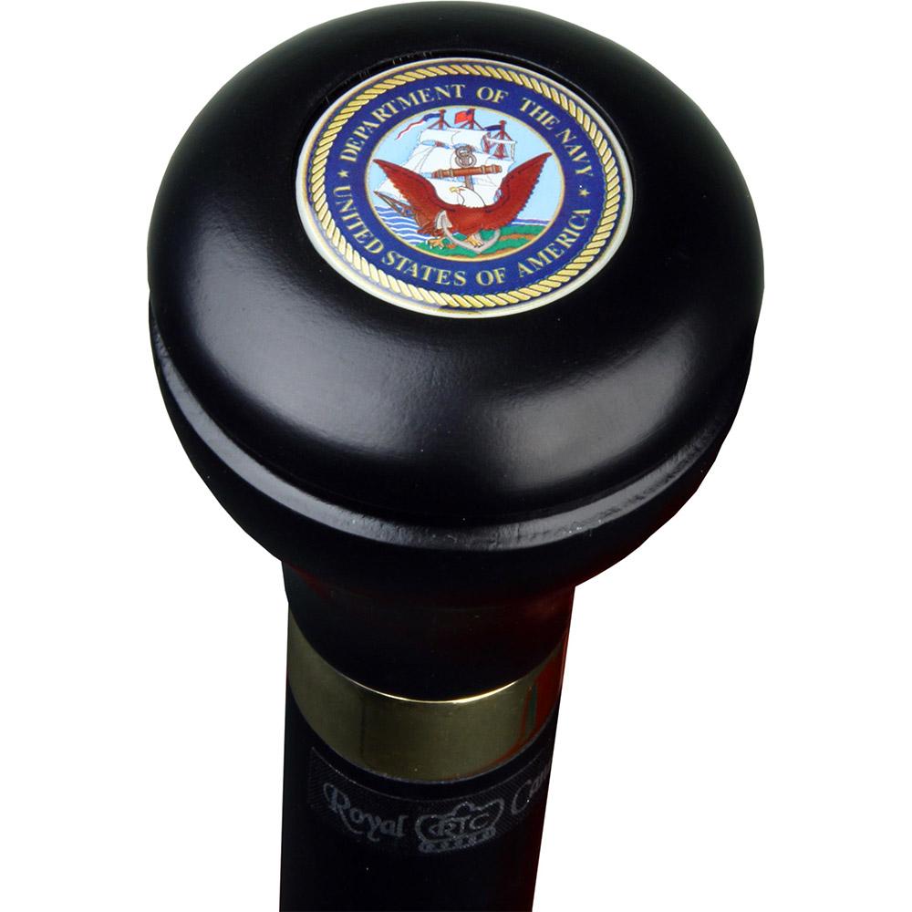 Navy Emblem Flask Walking Stick: Wood Shaft Hidden Flask