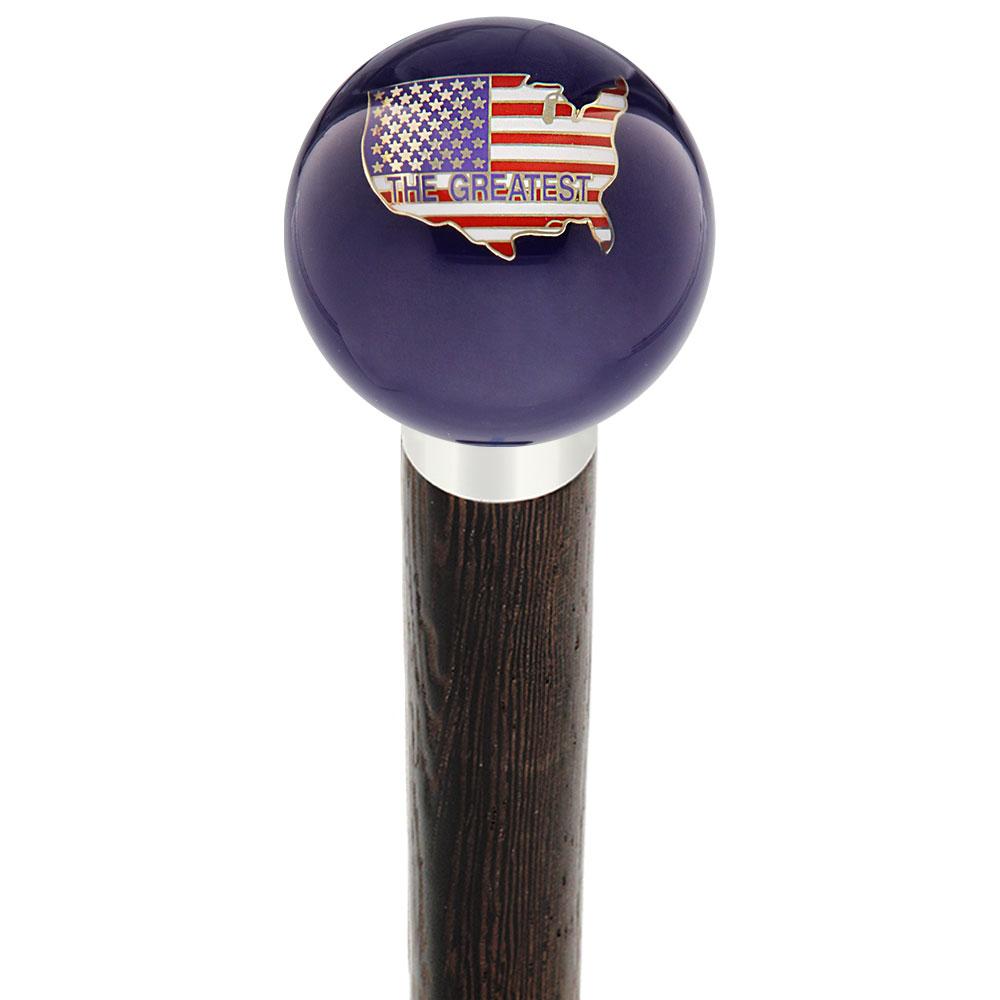 U.S.A Country Flag Translucent Blue Round Knob Cane w/ Custom Wood