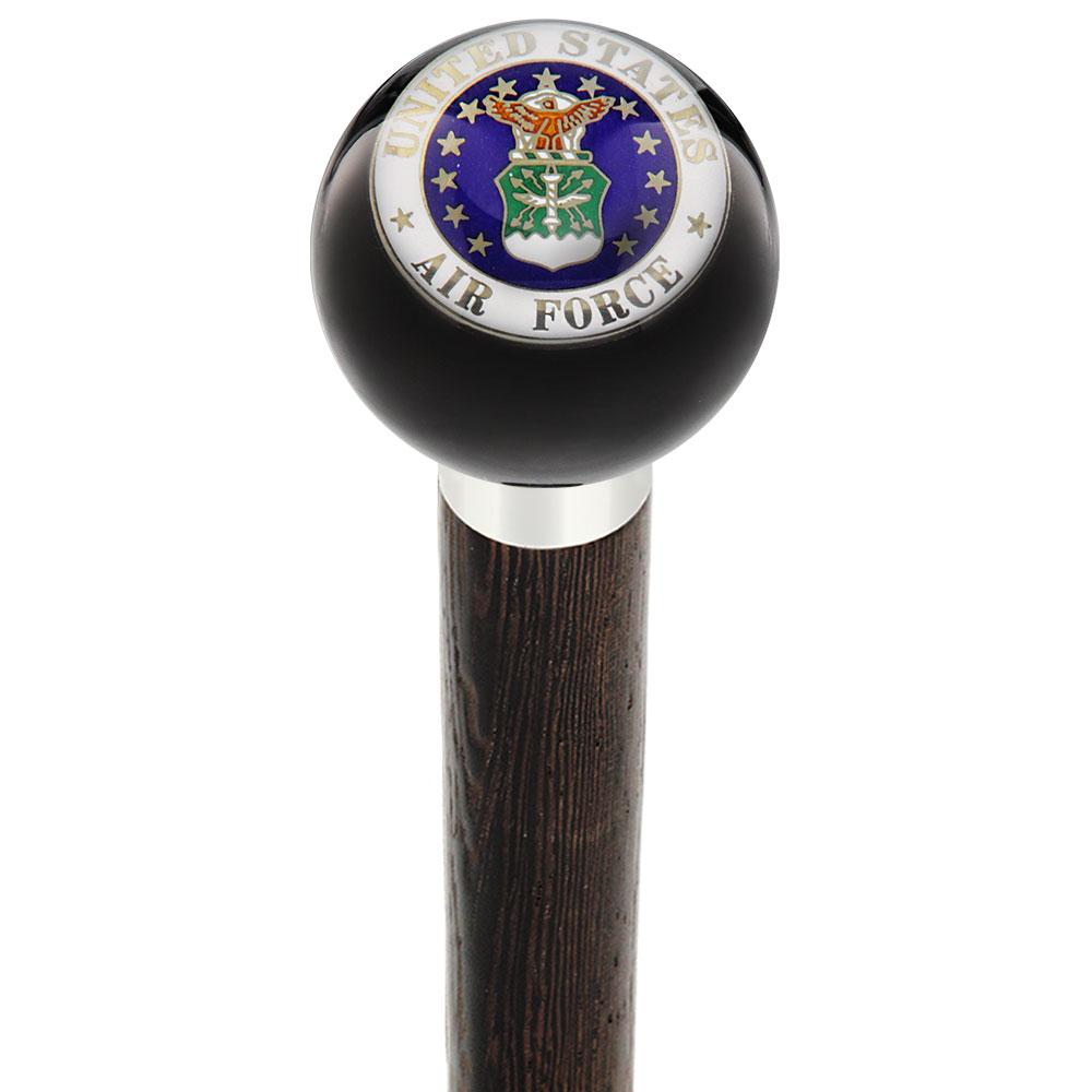 U.S. Air Force Black Round Knob Cane w/ Custom Wood Shaft & Collar