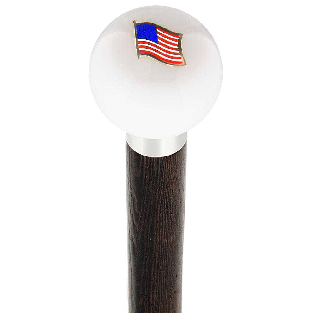 USA Flag White Round Knob Cane w/ Custom Wood Shaft & Collar