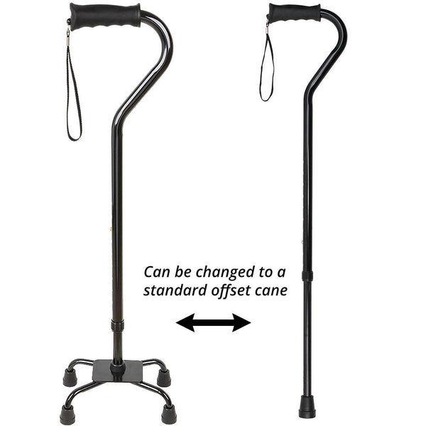 Black Aluminum Convertible Quad Base Walking Cane - Adjustable Shaft