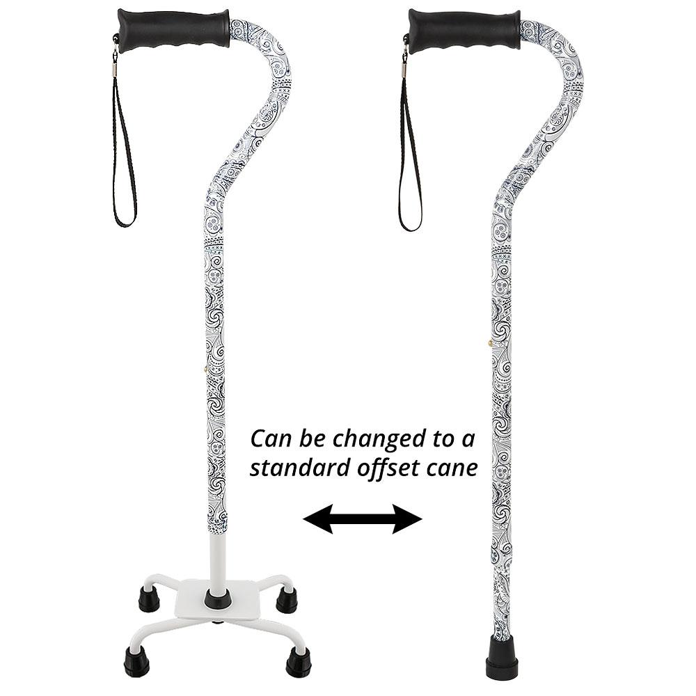 Black and White Convertible Quad Base Walking Cane with Comfort Grip