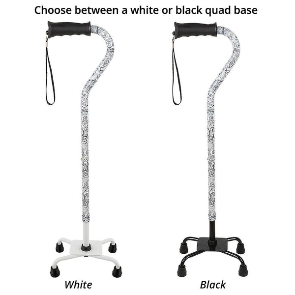 Black and White Convertible Quad Base Walking Cane with Comfort Grip