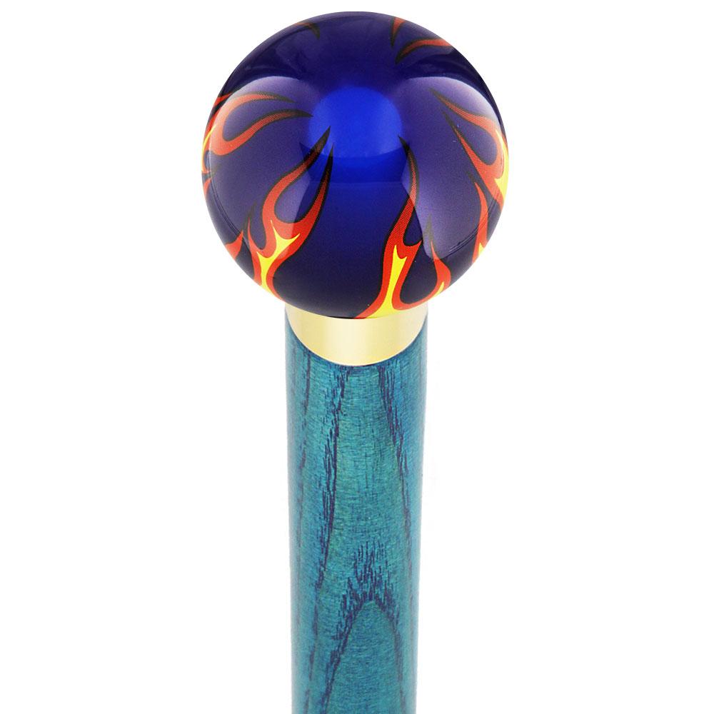 Burst of Flames Blue Transparent Round Knob Cane w/ Custom Color Ash